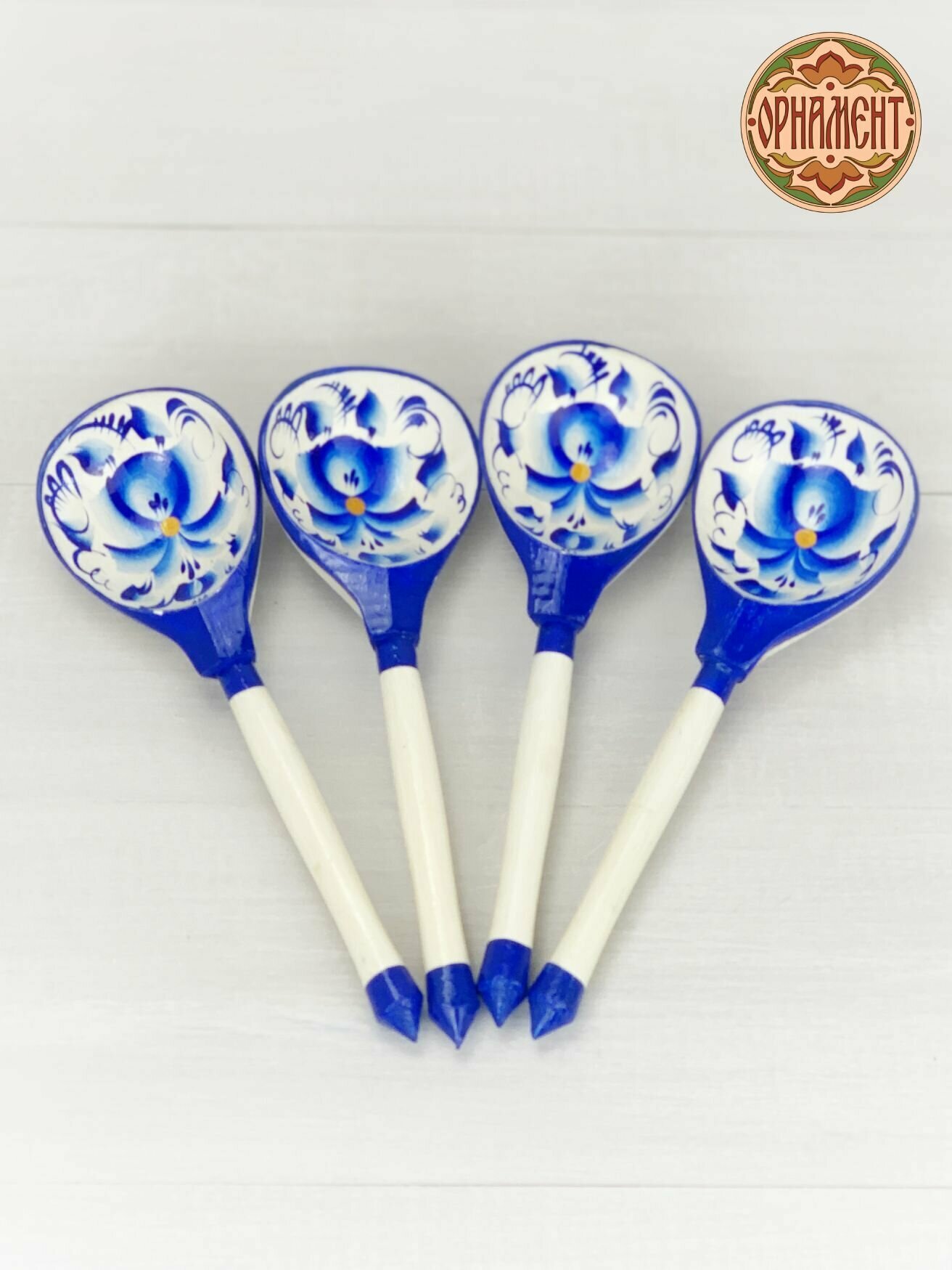 Ложки деревянные музыкальные, столовые, народные музыкальные инструменты, ручная авторская роспись, белые, 4 шт.