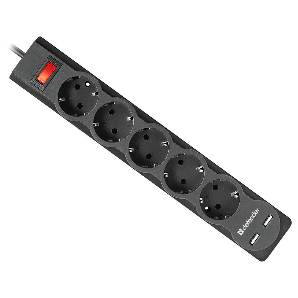 Сетевой фильтр Defender DFS 753 5 розеток 3,0м, 2xUSB, 2.1A, черный, 367837