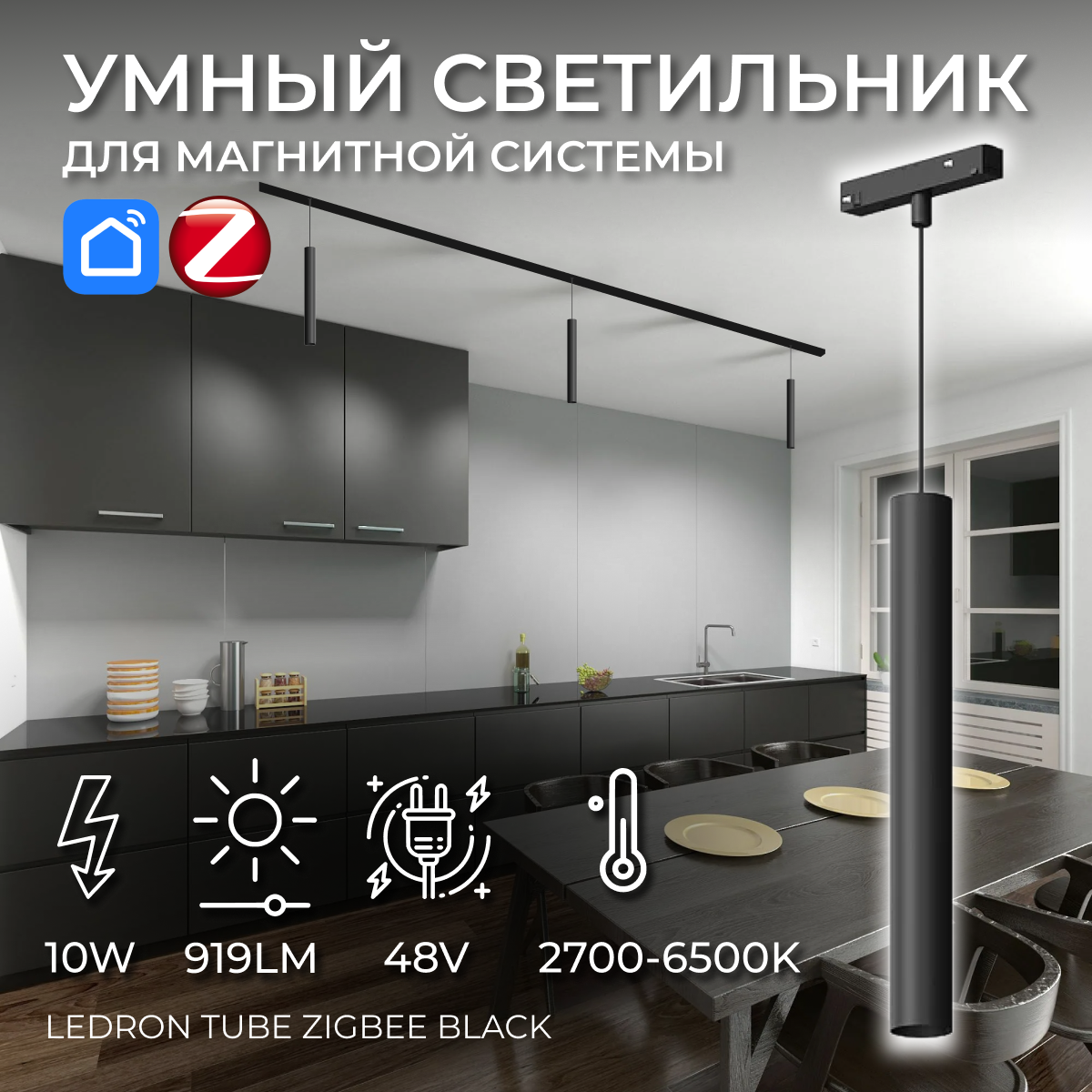 Подвесной светодиодный светильник для магнитного трека Ledron TUBE Zigbee Black 10W