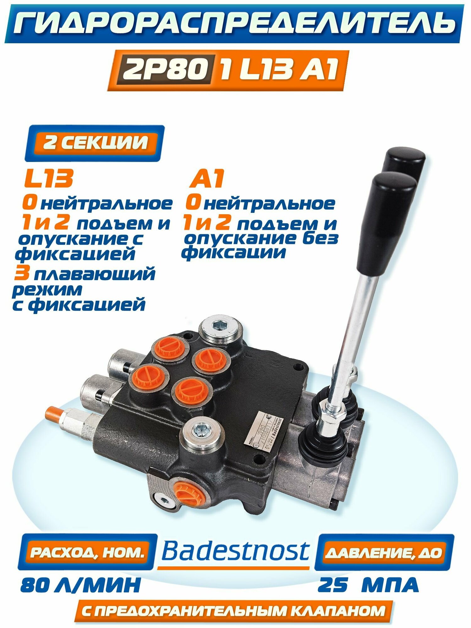 Гидрораспределитель 2P801L13А1 Gkz1, "Badestnost" Болгария, 80 литров в минуту, 2 секции (одна с плавающим режимом с фиксацией).