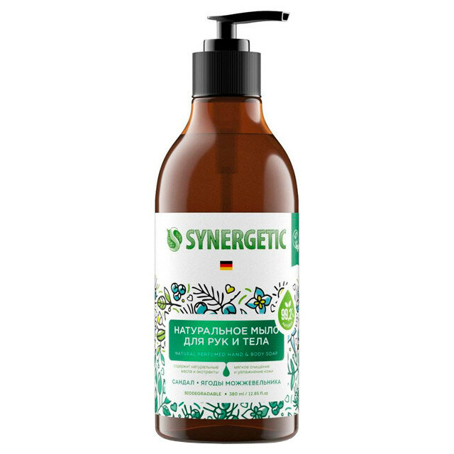 SYNERGETIC Жидкое мыло Сандал и Ягоды можжевельника парфюмированное с ароматом 380 мл