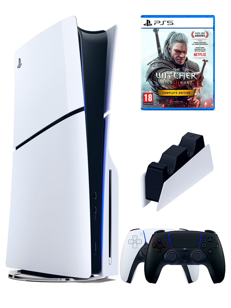 PS5 (ПС5) Игровая приставка Sony PlayStation 5 Slim disc + 2-й геймпад(черный) + зарядное + игра Witcher3: Wild Hunt