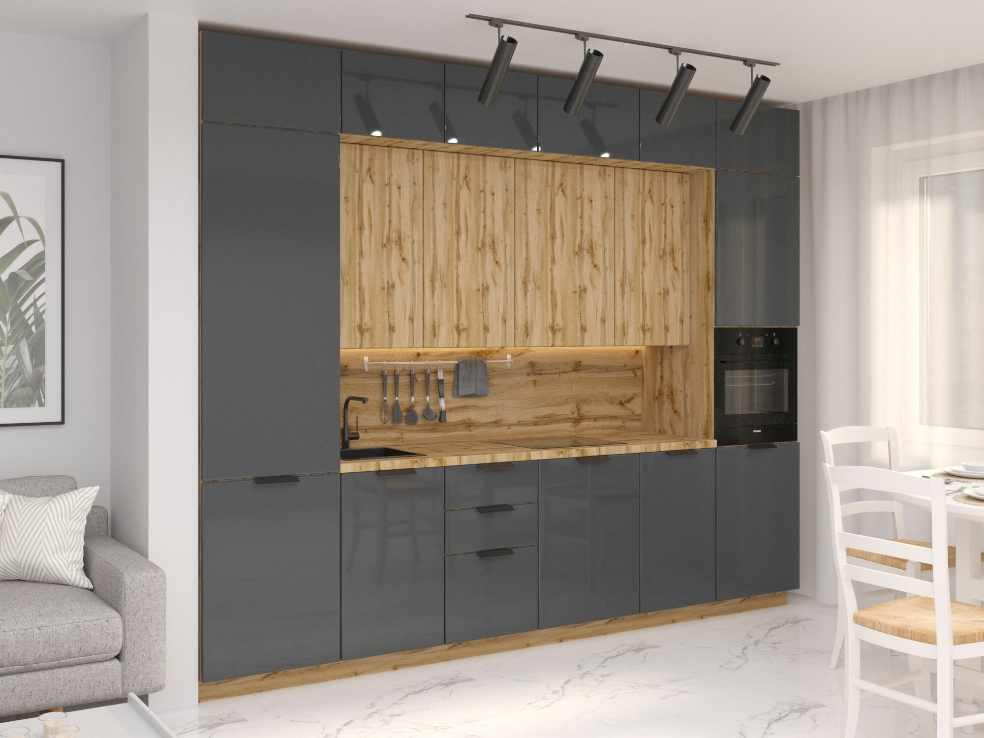 Кухонный гарнитур Фьюжн Антрацит глянец/Флэт Дуб Вотан, 3300 мм