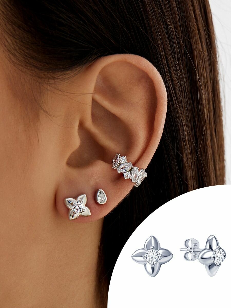 Серьги пусеты, серебро, 925 проба, родирование, фианит