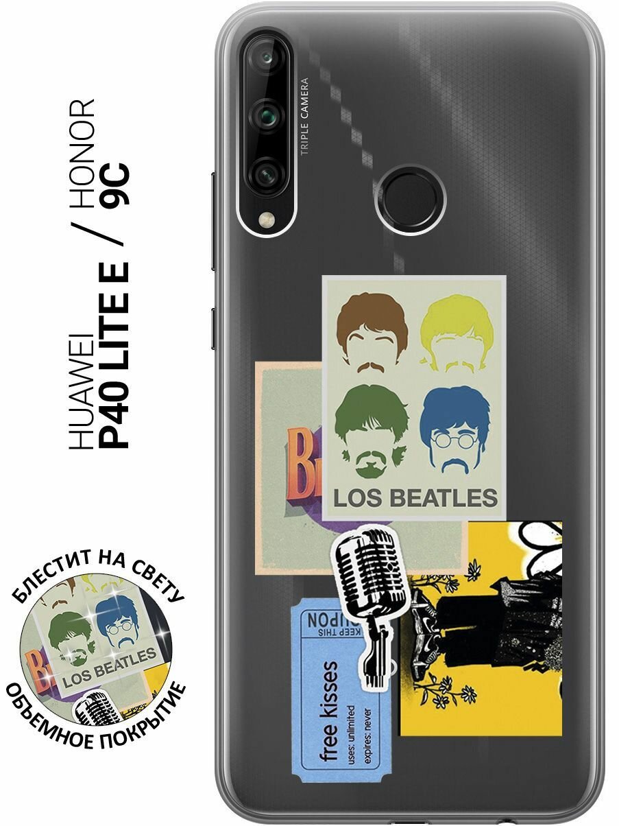 Силиконовый чехол на Honor 9C, Huawei P40 Lite E, Хуавей П40 Лайт Е, Хонор 9С с 3D принтом "Beatles Stickers" прозрачный