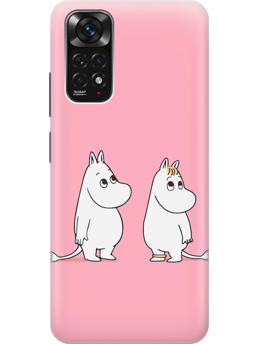 Силиконовый чехол на Xiaomi Redmi Note 11, Note 11S, Сяоми Редми Ноут 11, Ноут 11С с принтом "Муми-тролли на розовом"