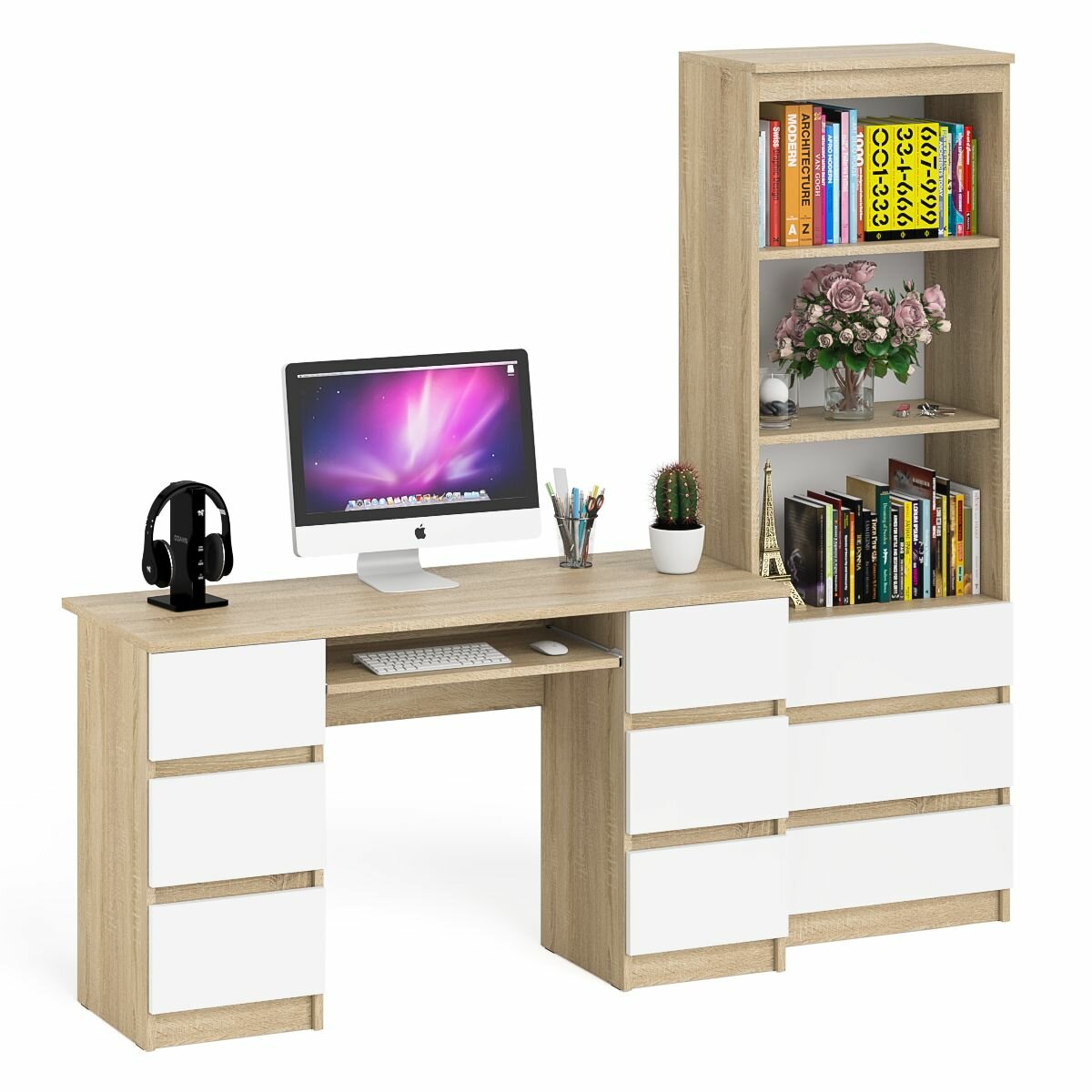 Компьютерный стол для дома, для школьника письменный Спасибо-Мебель 196см дуб сонома/белый