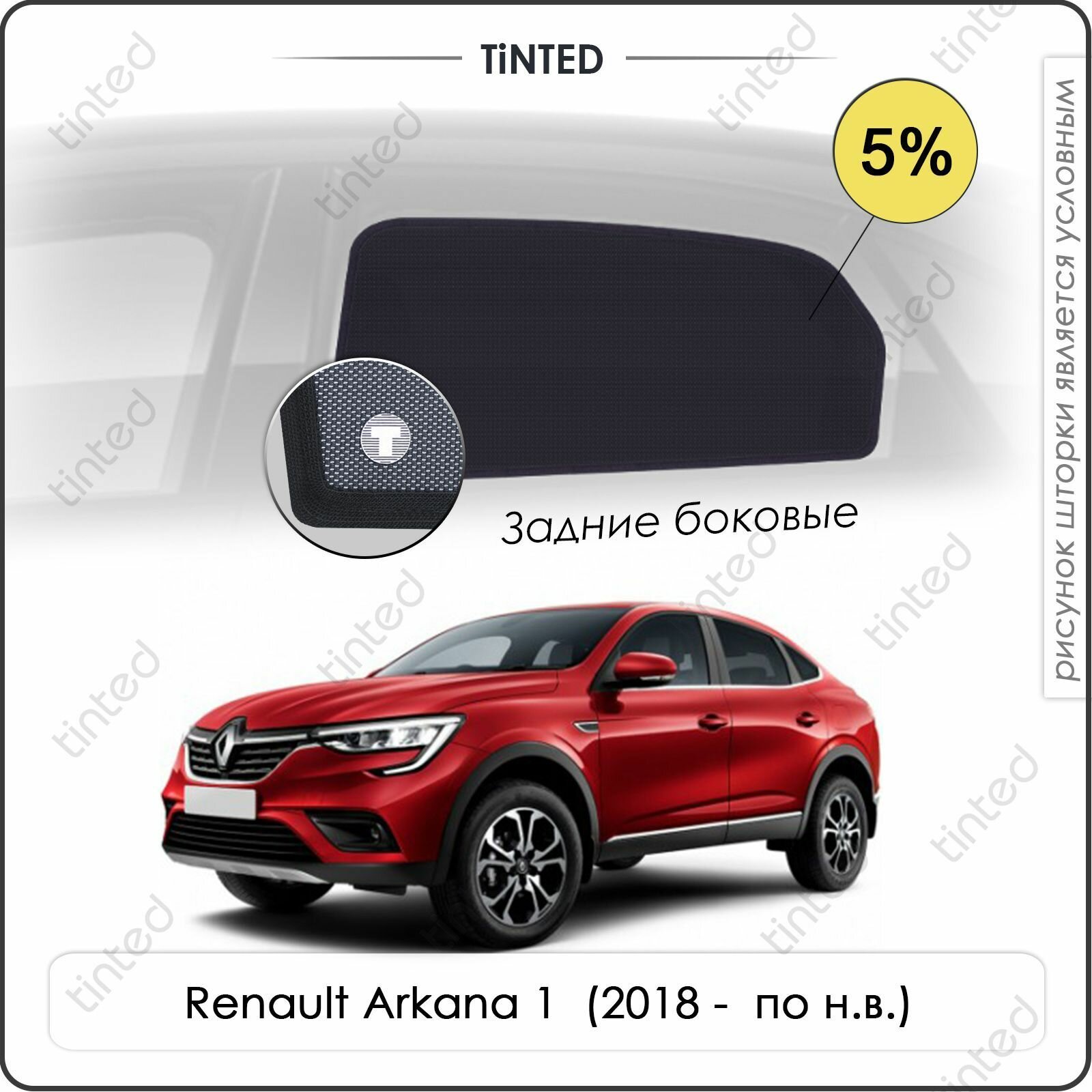 Шторки на автомобиль солнцезащитные Renault Arkana 1 Кроссовер 5дв. (2018 - по н. в.) на задние двери 5%, сетки от солнца в машину рено аркана, Каркасные автошторки Premium
