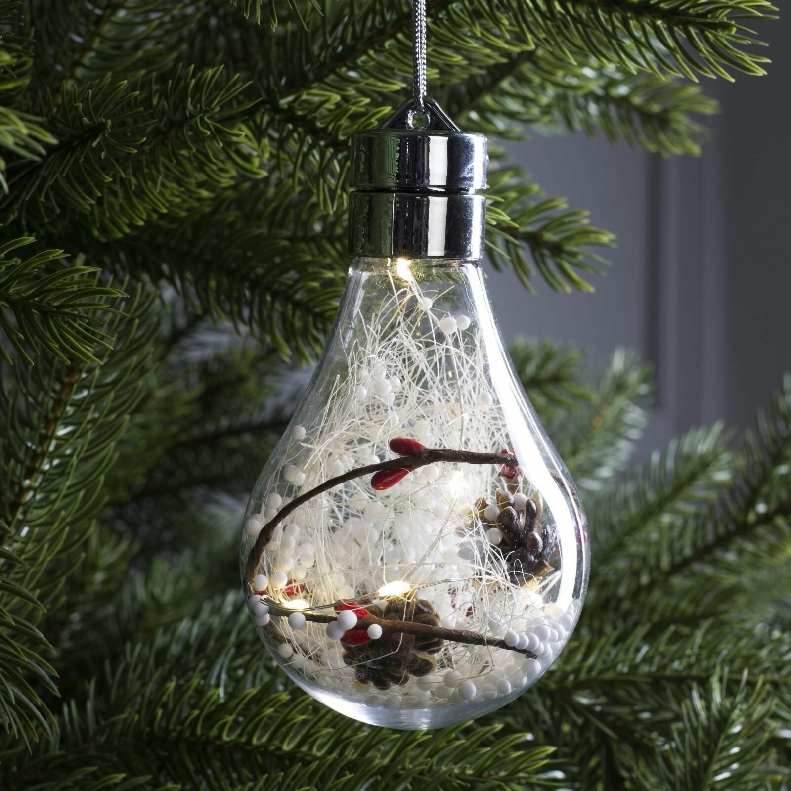 Ёлочный шар с подсветкой "Шишки", прозрачный светящийся шарик-подвеска на ёлку, пластиковая игрушка-украшение на Новый год, новогодний интерьерный декор, свечение белое, 7 см