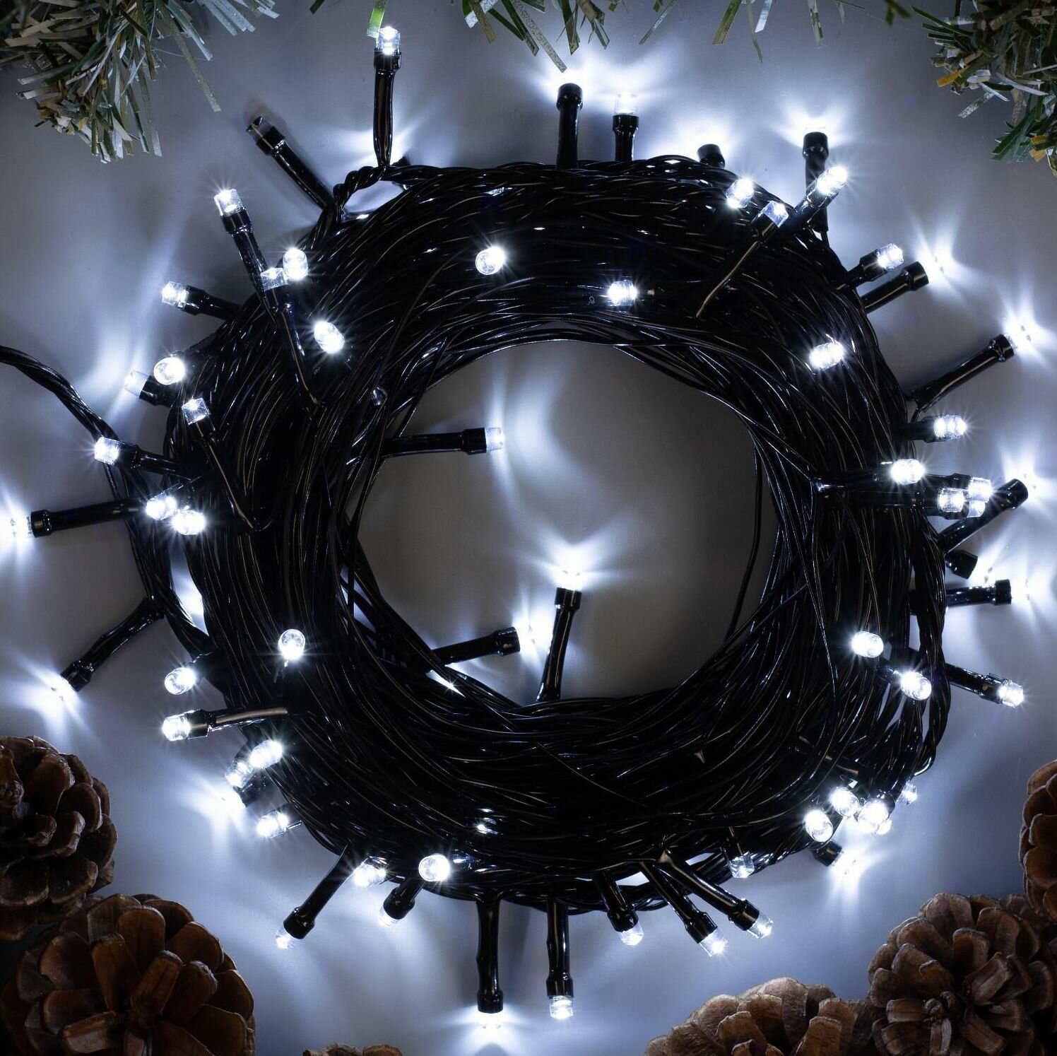 Гирлянда интерьерная светящаяся "Нить" 10 м, IP20, тёмный шнур, 100 LED, свечение белое, 8 режимов, работает от сети, 220 В, декоративная новогодняя электрогирлянда
