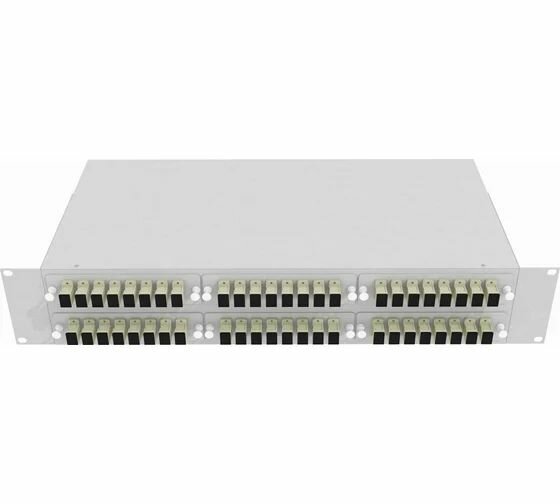 Кросс стоечный оптический VIMCOM 19' укомплектованный 1U, 32 порта SC, 50/125 мкм (сплайс-кассета, пигтейлы, адаптеры, КДЗС), сплошная панель, серый.