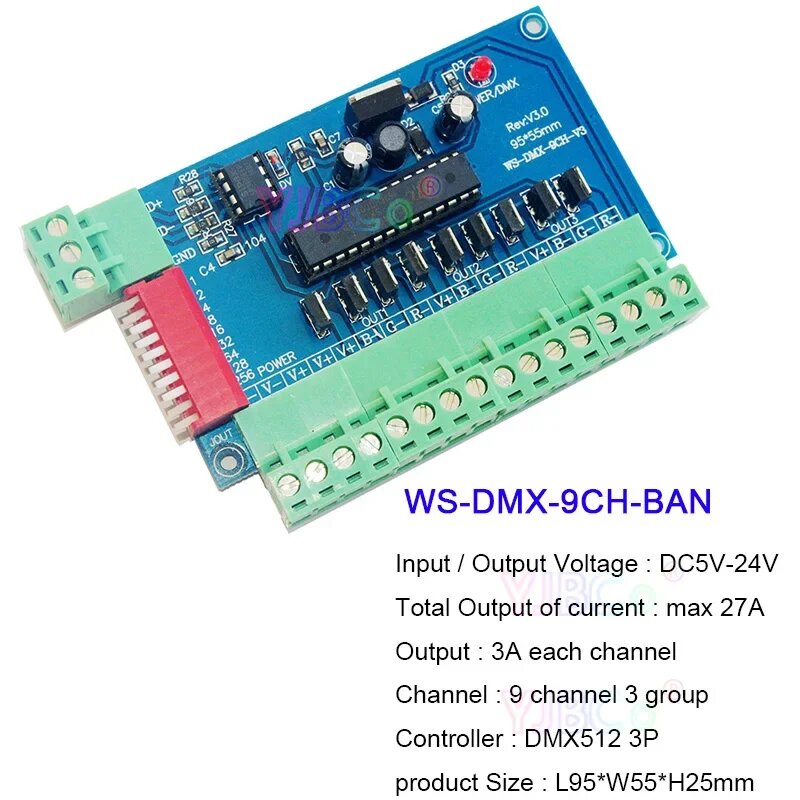 DMX512 контроллер RGB 3/4/6 канальный 5В/24В WS-DMX-9CH-BAN