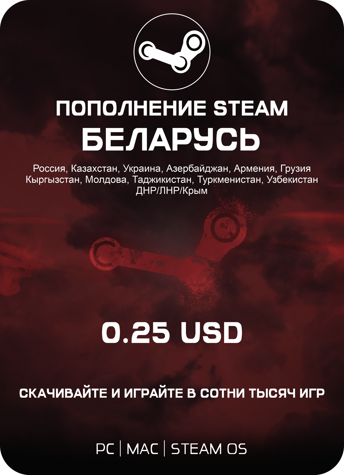 Подарочная карта Steam Беларусь 0.25$ / Gift card Steam Belarus 0.25 USD