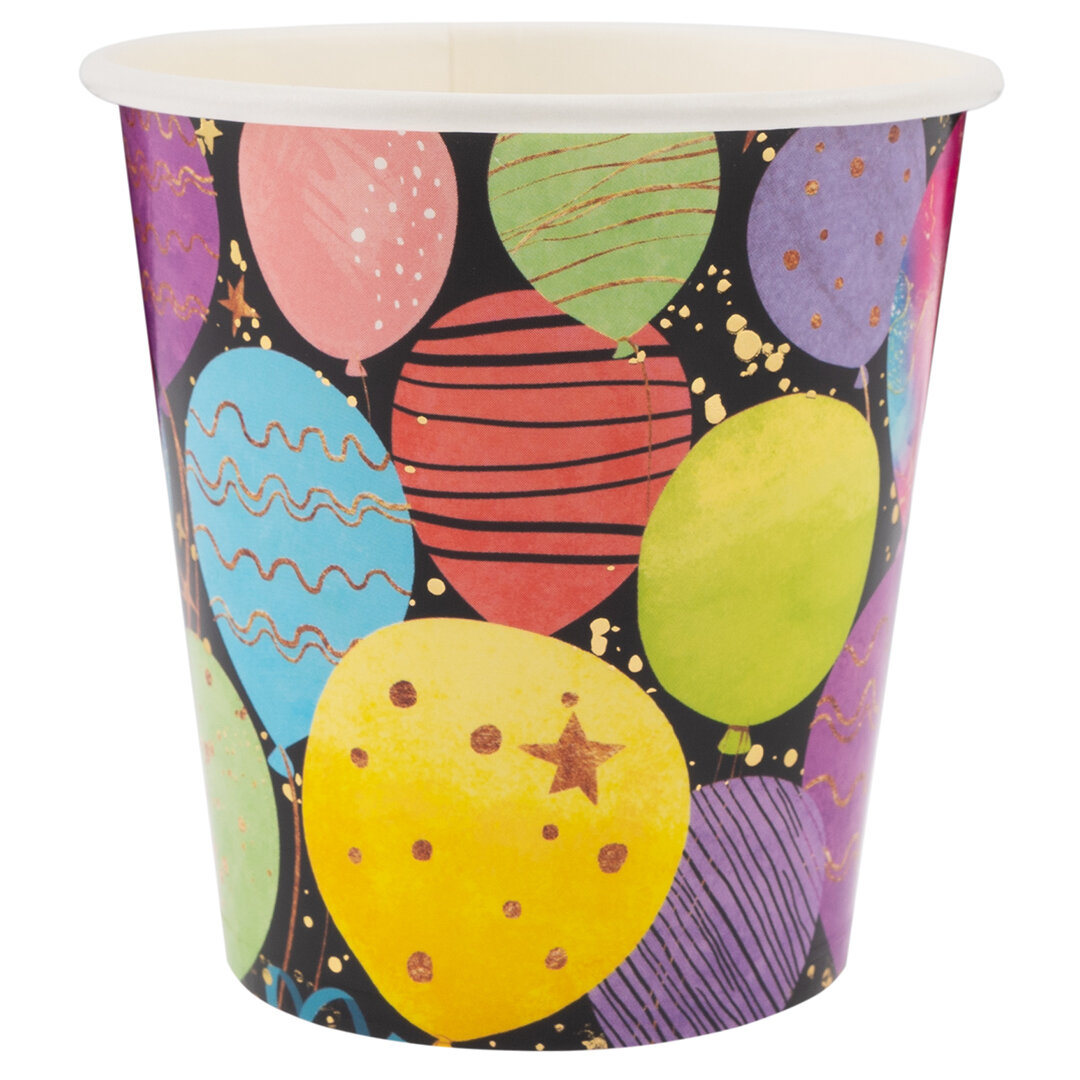 Стаканы (250 мл) С Днем Рождения! (воздушные шары), Черный, Металлик, 6 шт.