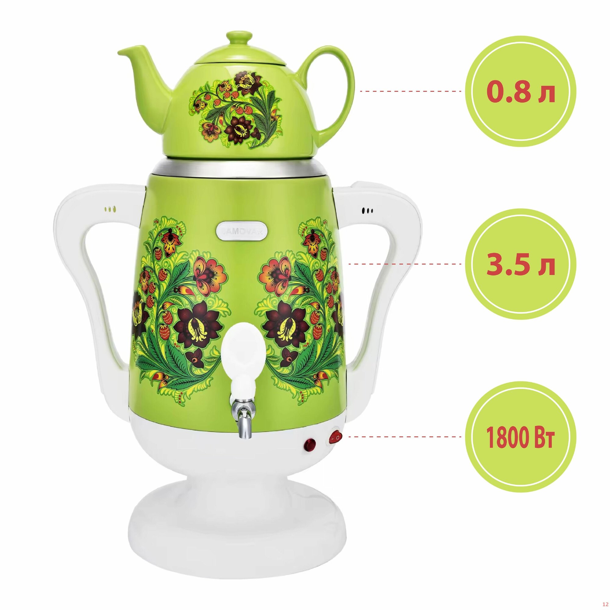 Самовар Термопот электрический 3,5л, с завар. чайником, зеленый с цветами