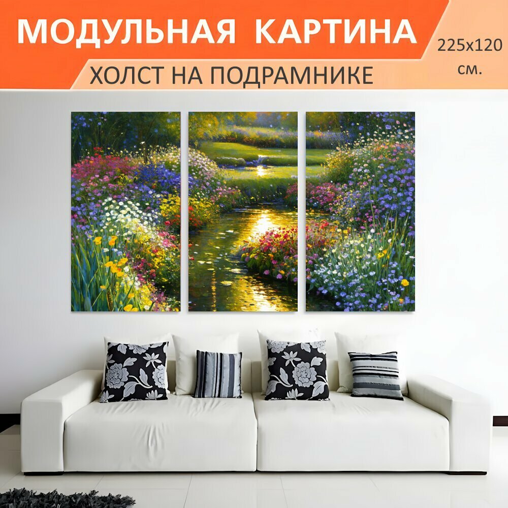 Модульная картина на холсте "Спокойный сад с ручьем и цветами, усыпанными росой на рассвете. стиль: классическая живопись, техника." триптих на подрамнике 225х120 см. для интерьера