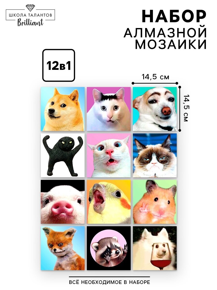 Алмазная мозаика "Мемы" набор 12 в 1, тканевый холст, Школа талантов