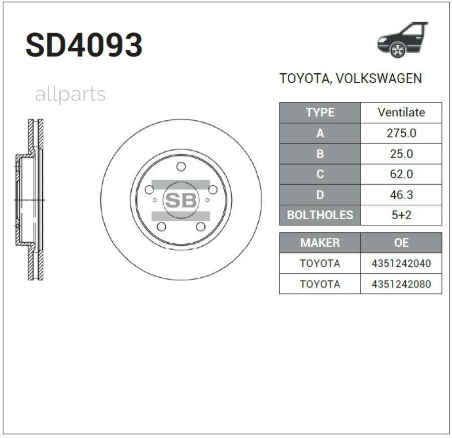 SANGSIN BRAKE SD4093 диск тормозной передний!\ Toyota RAV 4 2.0/2.2D 06>