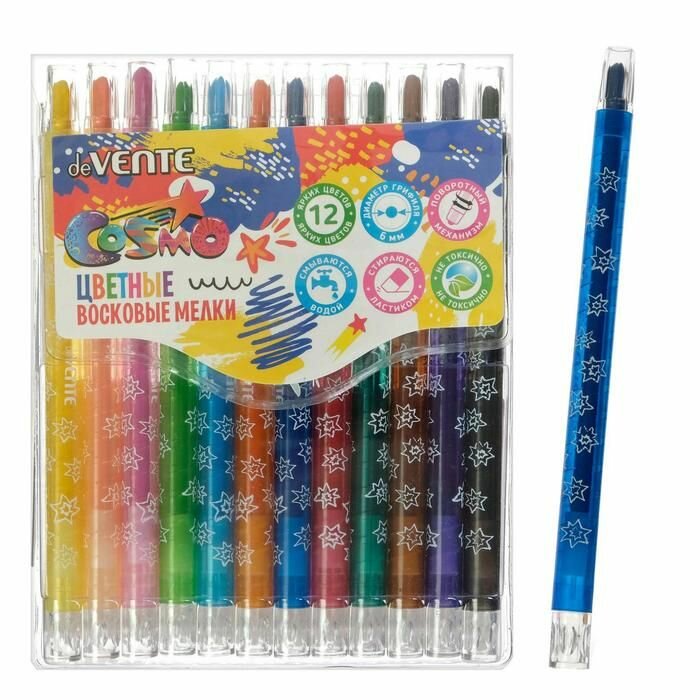 Мелки восковые deVENTE "Cosmo", 12 цветов, с поворотным механизмом, пластиковый блок на липучке (МЦС40)