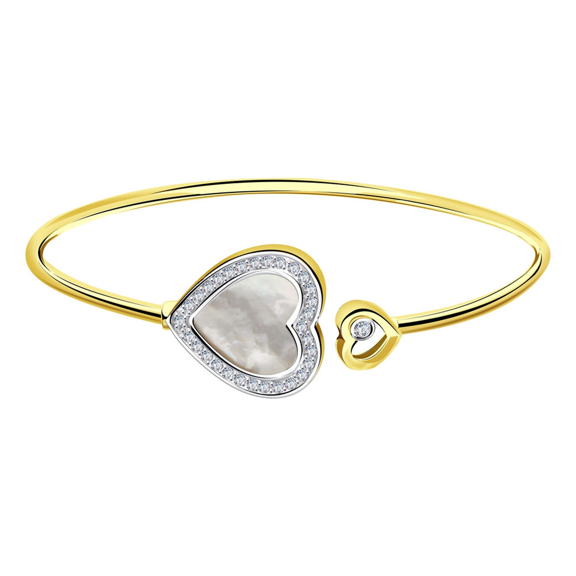 Жесткий браслет, желтое золото, 585 проба, перламутр, фианит