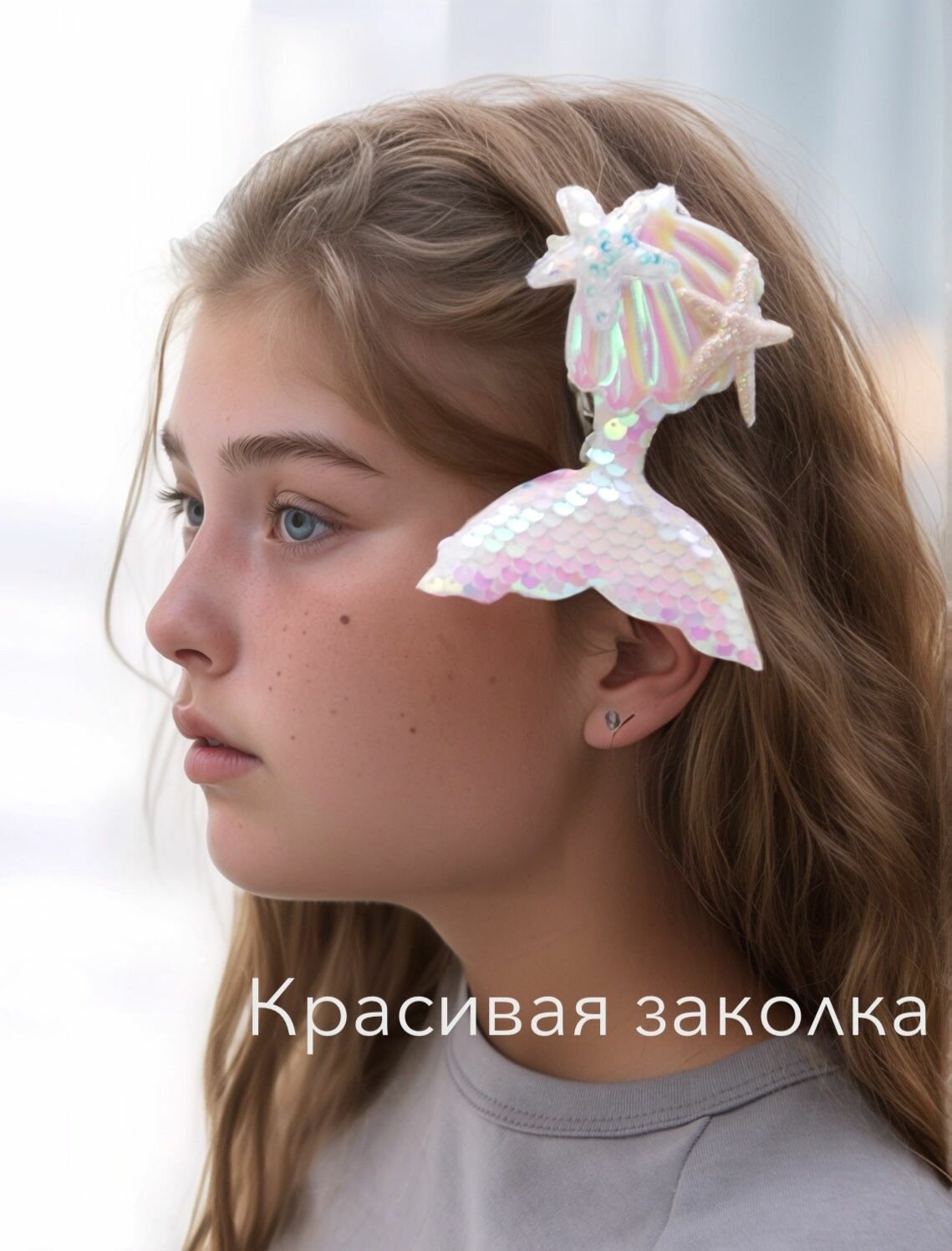 Красивая большая заколка для волос детская с блестящими паетками рыбий хвост русалки белая радужная EEbaby