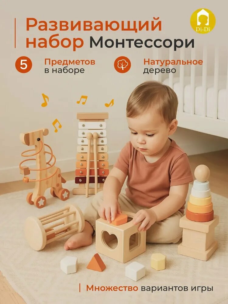 Развивающие игрушки детские 5 предметов, деревянный набор Монтессори для развития мелкой моторики для малышей от 1 года, подарок для мальчиков и девочек