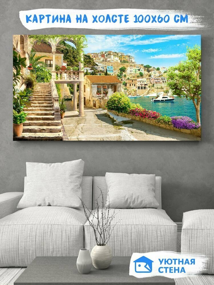 Картина на натуральном холсте Уютная стена "Набережная старого европейского города" 100х60 см