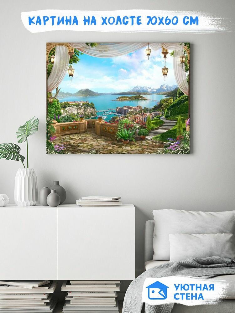 Картина на натуральном холсте Уютная стена "Побережье Италии с видом на горы" 70х60 см