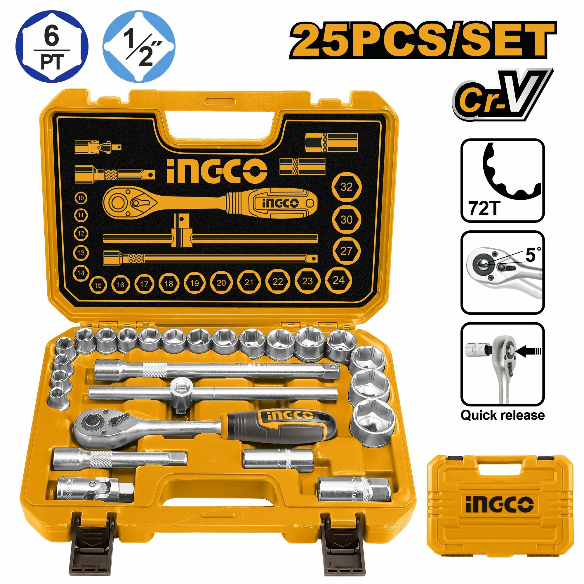 Набор торцевых головок INGCO с трещоткой 1/2" HKTS12251