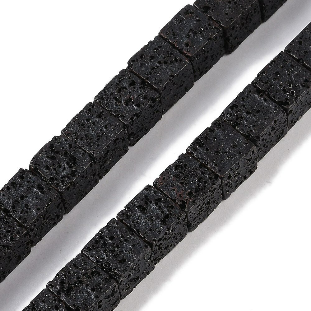 Бусины каменные, вулканическая лава, черная, 8-9мм, кубики, 44 шт, низка