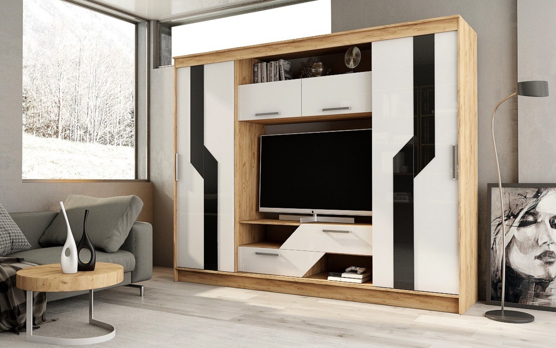 Гостиная, стенка для гостиной Кармен Эра Дуб Вотан/ Белый гладкий