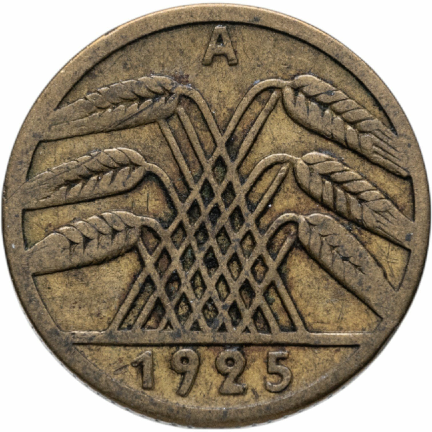 Германия 5 рейхспфеннигов reichspfennig 1925, знак монетного двора "A" — Берлин, Бронза, в сохранности VF
