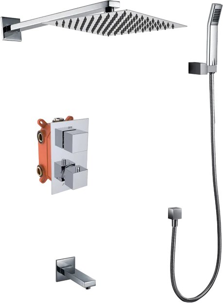 Душевой комплект Kaiser Sonat 34577 5 в 1, встраиваемый, с внутренней частью в комплекте, с термостатом, со смесителем, с изливом, с тропическим душем, латунный, хром, глянцевый, душевая система