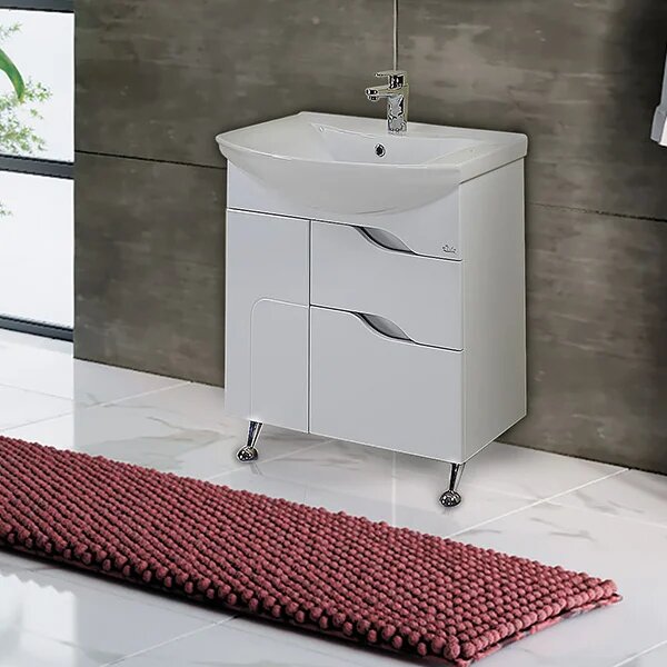 Тумба с раковиной Onika Веронэлла 75.13 напольная, 76 см, белая, глянцевая, из МДФ, с ящиками, с дверками, раковина для ванной фарфоровая, полукруглая, встроенный слив-перелив