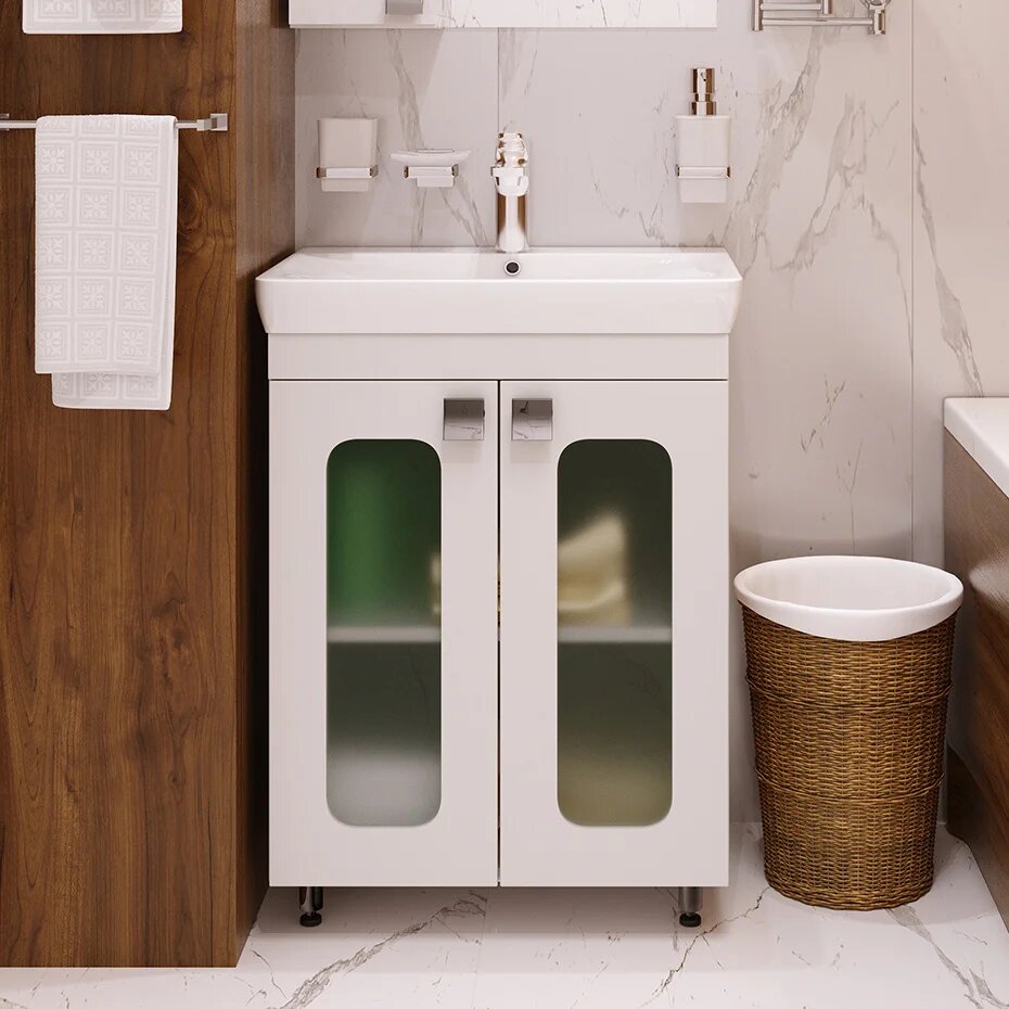 Тумба под раковину без столешницы Misty Урал 60 напольная, белая, глянцевая, из МДФ, стеклянная, тумба для ванной, с дверками, с доводчиками