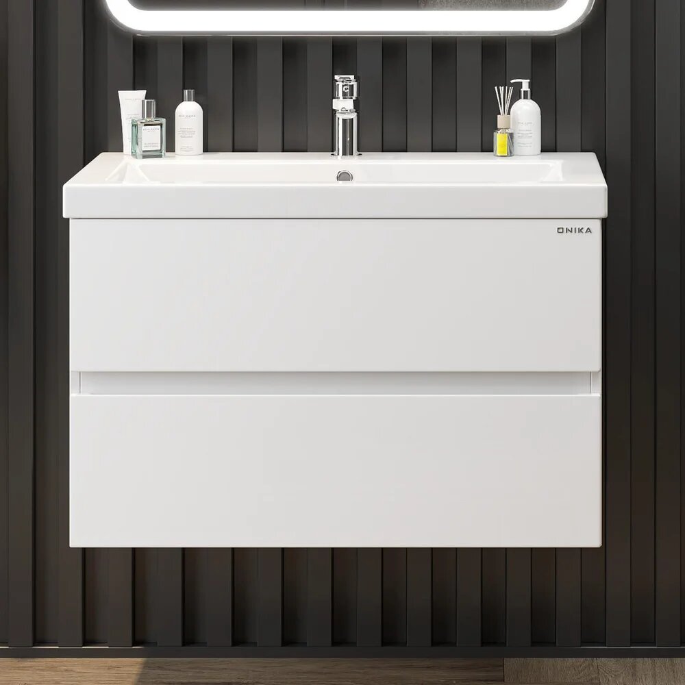 Тумба с раковиной Onika Эвада подвесная, 80 см, белая, глянцевая, из МДФ, с ящиками, раковина для ванной фарфоровая, прямоугольная, встроенный слив-перелив