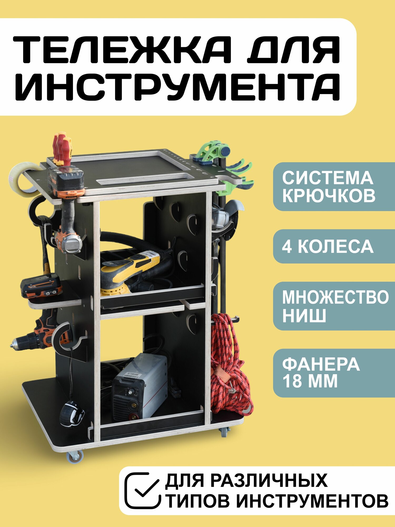 Тележка для инструмента на колесах с полками для автосервиса, гаража и детейлинга, СТО, тележка подкатная