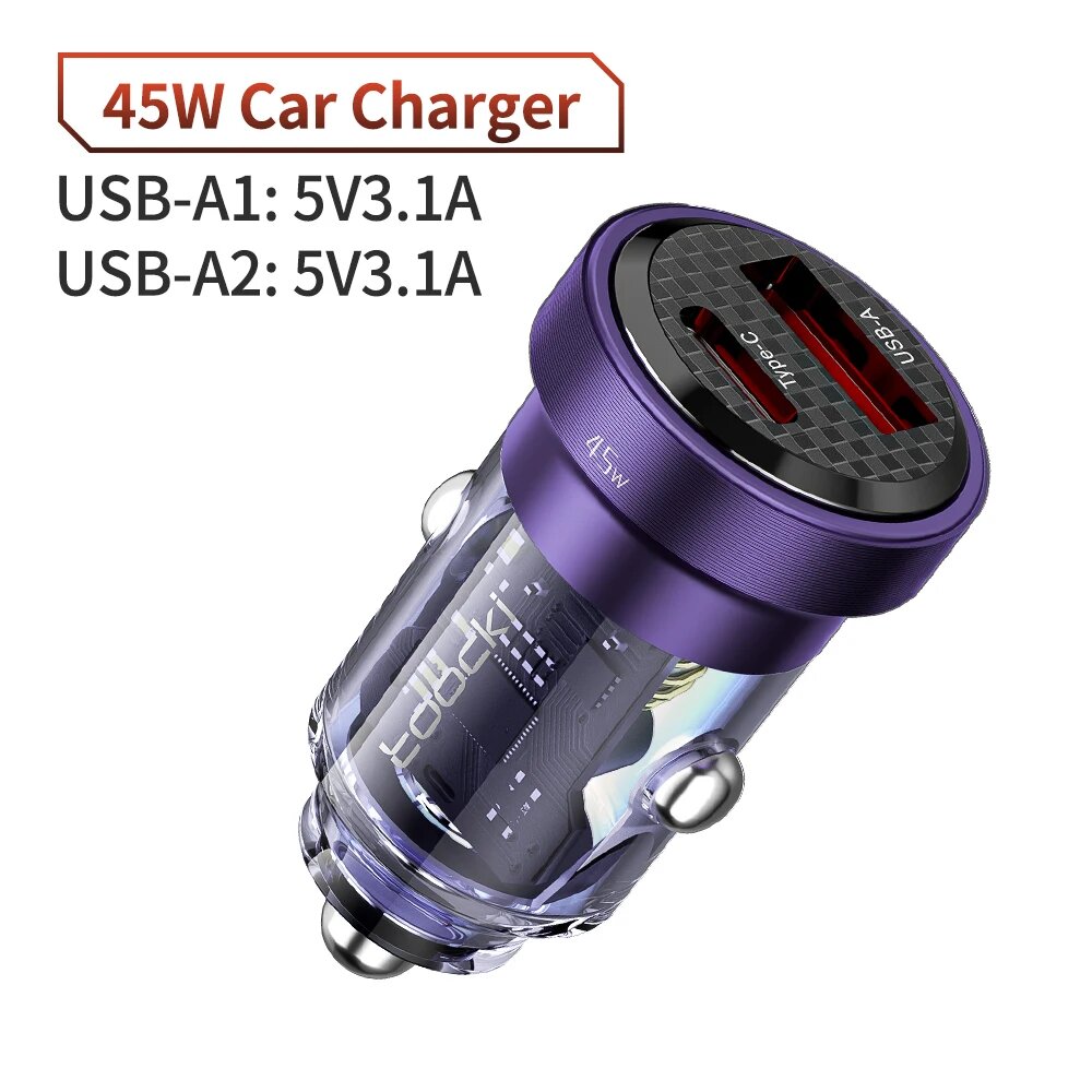Toocki 45 Вт Автомобильное зарядное устройство с двумя портами USB Фиолетовый, 45W A to C Pruple