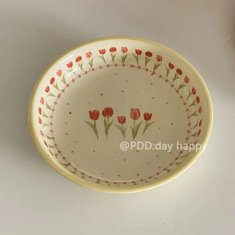 Пасторальная тарелка Кремово-желтая керамическая тарелка с цветочным принтом Корейская теплая посуда Подглазурная цветная посуда Десерты Тарелка для западной еды, 7.3inches