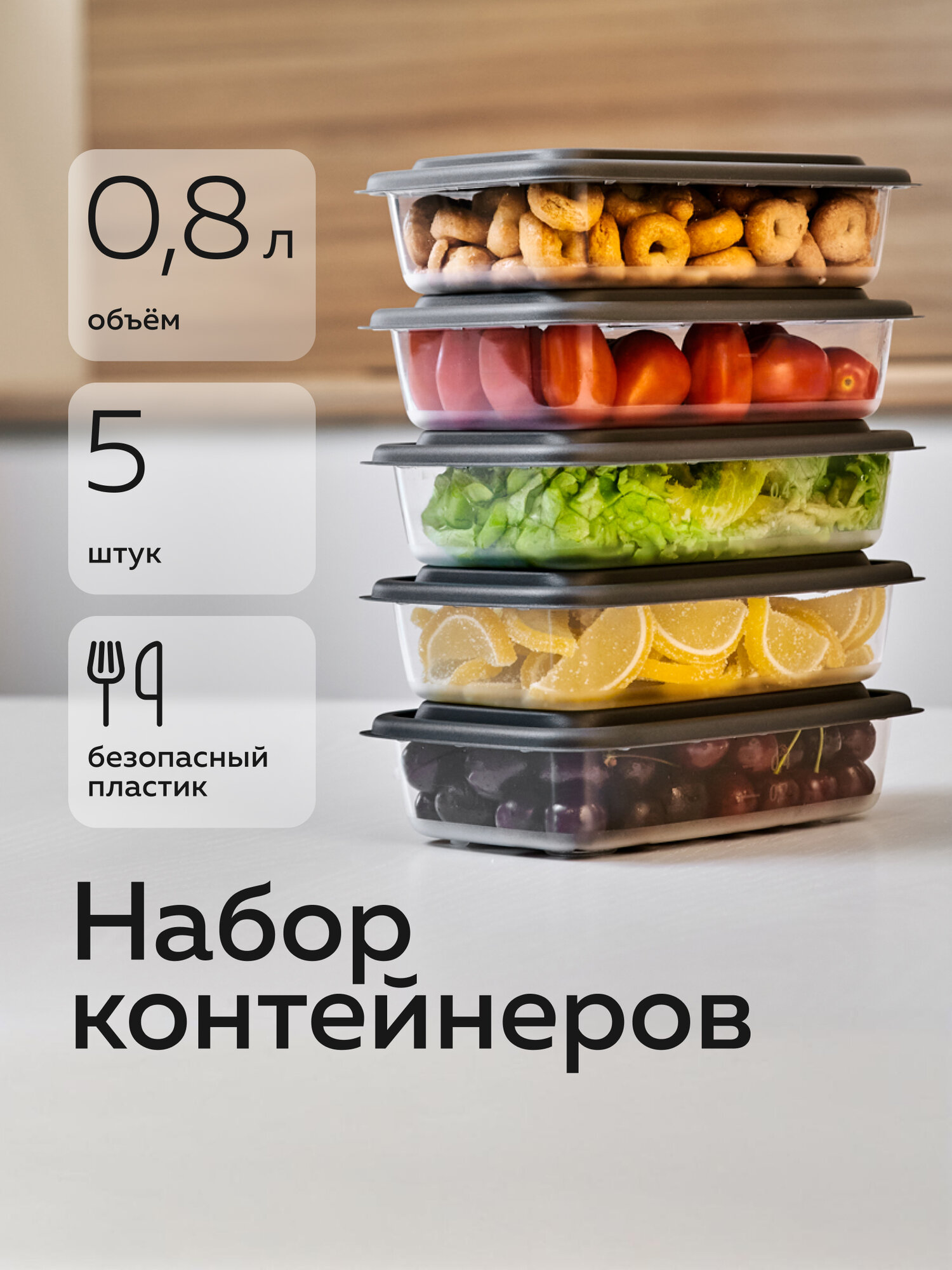 Набор контейнеров «Гурман», Альт-Пласт, графит, 0,8лх5 (5шт)