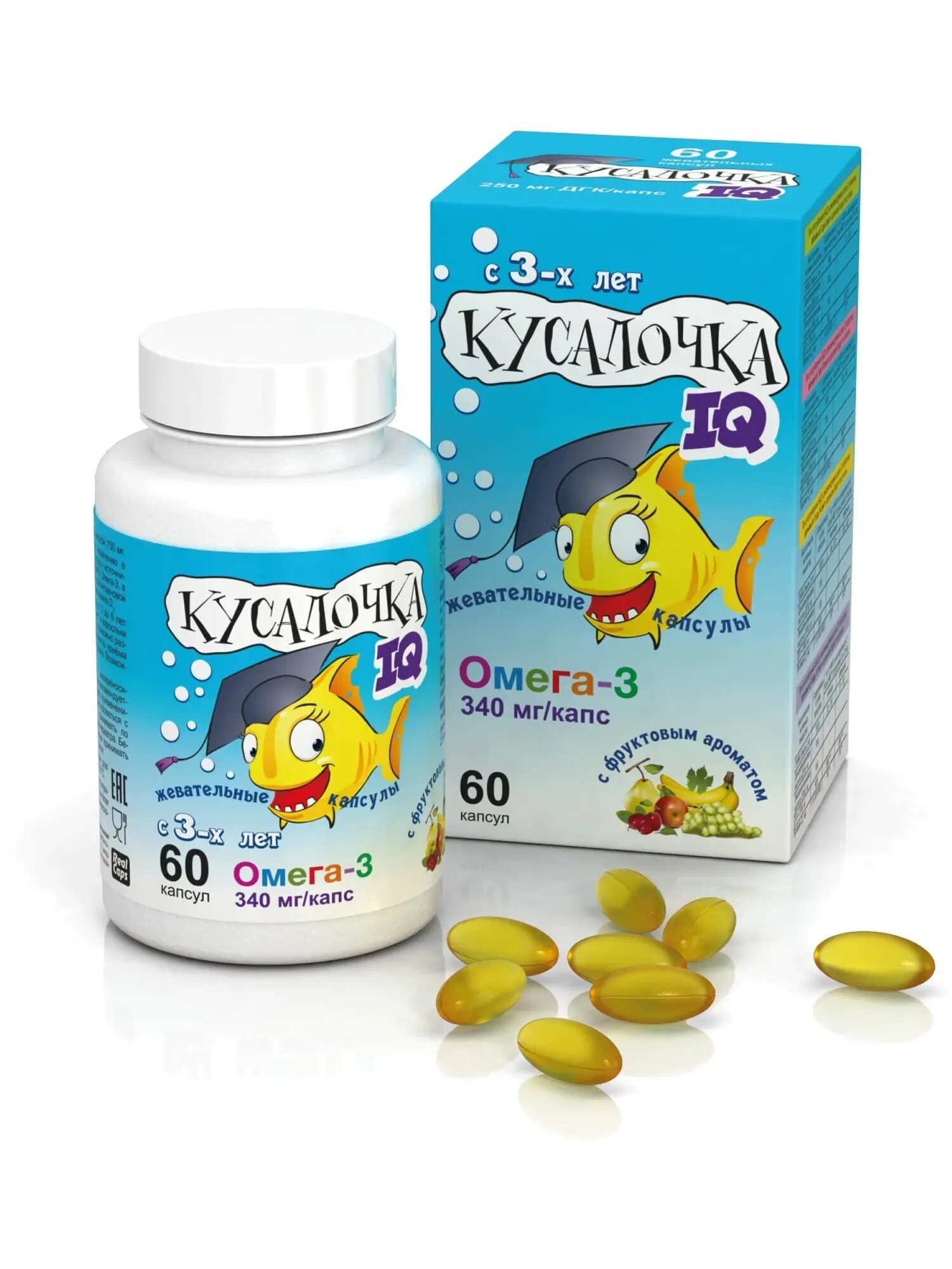 Рыбий жир РеалКосметикс "Кусалочка IQ", Омега-3 для детей, с витамином D3, 60 шт.
