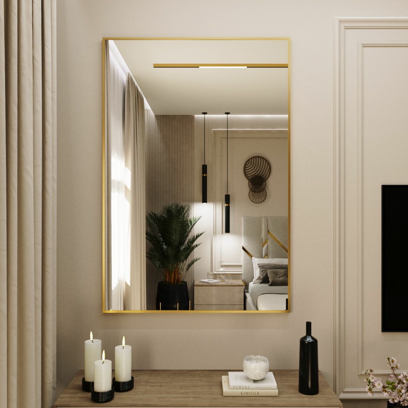 Зеркало настенное 120х90 см. BLX MIRROR в ванную в алюминиевой раме, Золотое