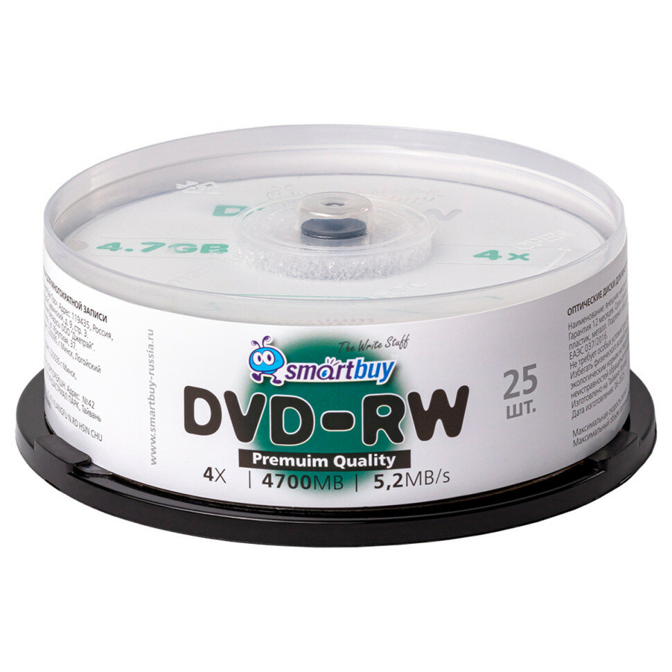 Диск DVD-RW 4.7Gb Smart buy 4x Cake Box (25шт), 386331