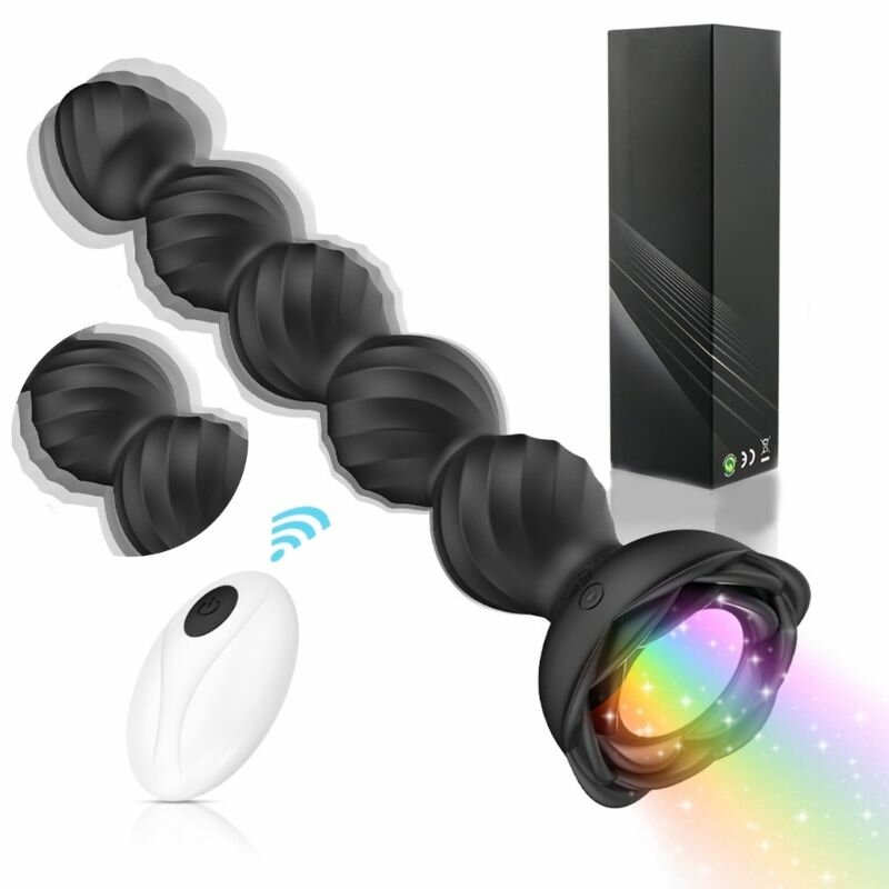 Красочная розовая светящаяся анальная пробка-черный пульт дистанционного управления с коробкой