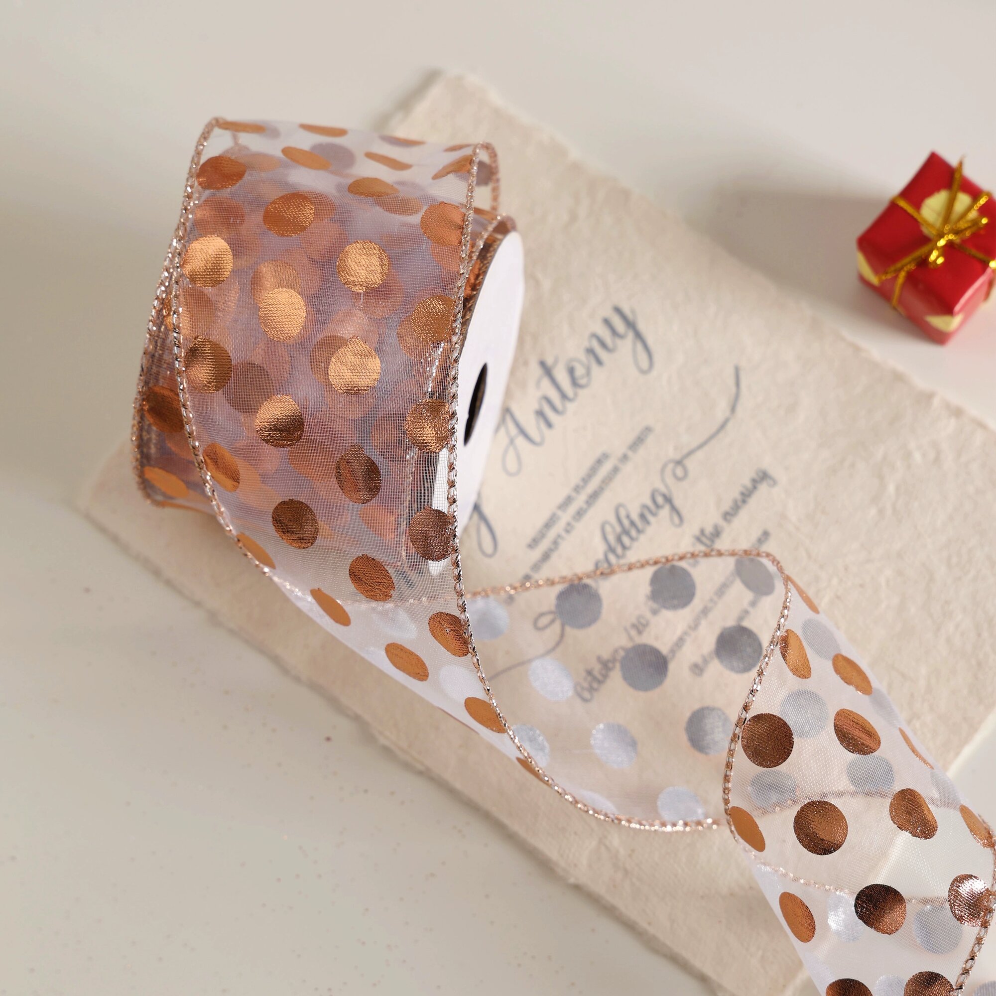 Рождественская декоративная лента с золотыми точками и снежинками, атласная лента, лента для украшения елки, лента для