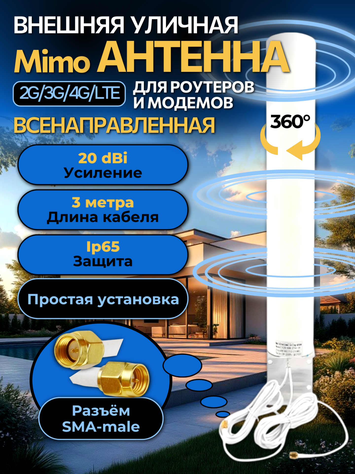 Антенна уличная для роутеров и модемов Mimo с разъёмом SMA-male, усиление 20 dBi