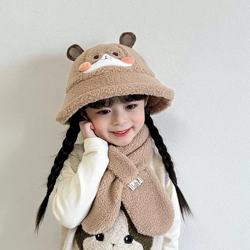Детская шапка, шарф, комплект из двух предметов, зимняя теплая шапка-тазик с милым кроликом для девочек, детская зимняя рыбацкая шапка для мальчика