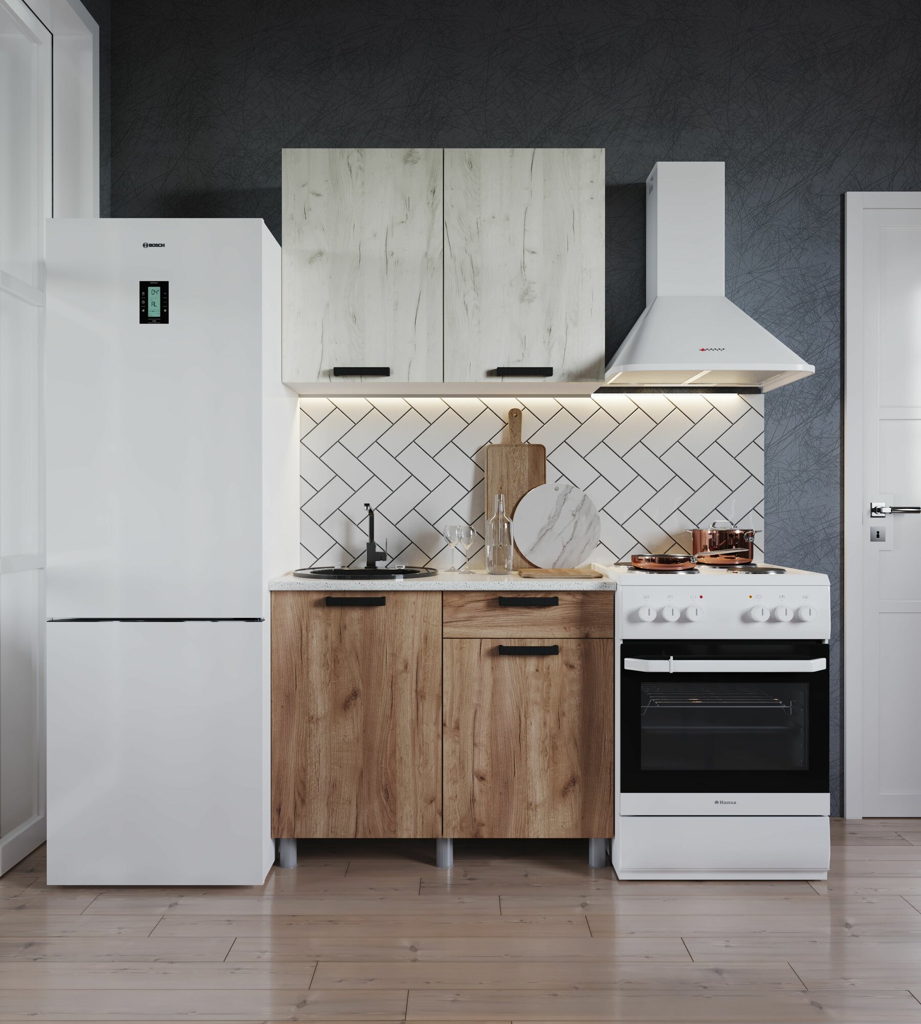 Кухонный гарнитур Диор (Корпус: 1,0 м белый + Фасад: "Диор" 1,0 м Дуб Крафт Белый/Дуб Крафт Табачный) (Микон)