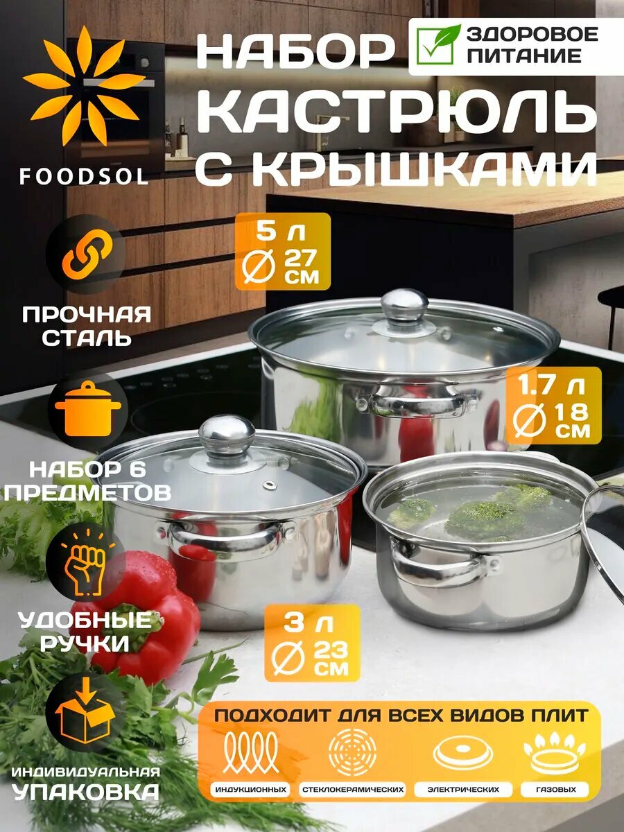 Набор кастрюль со стеклянными крышками стальные 3 шт