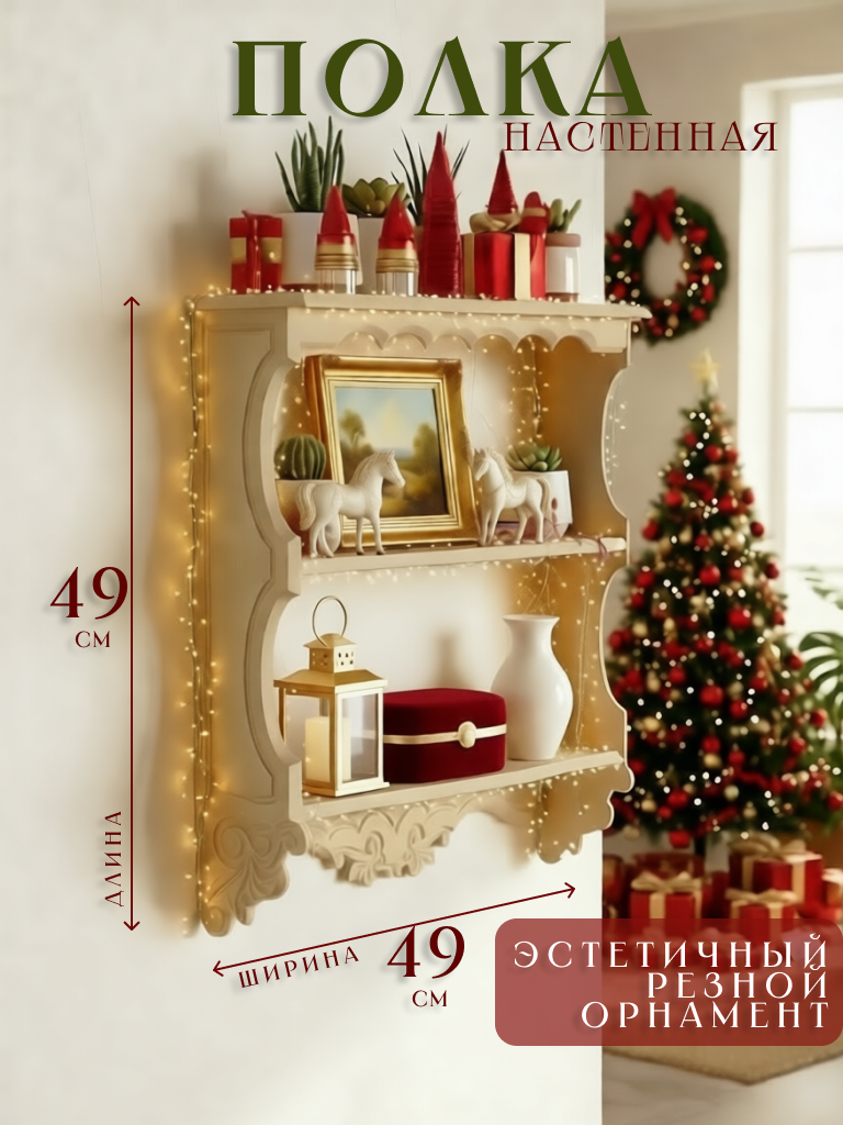 Полка "Прованс" - трехъярусная, с резным узором, 49x13x49